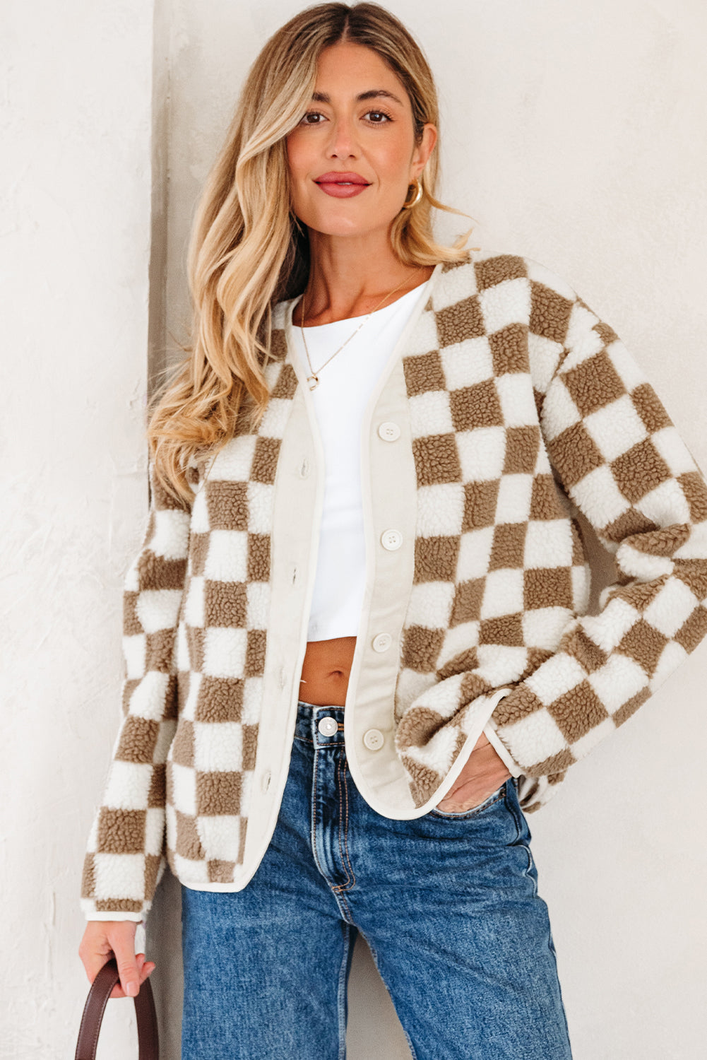 Brown Checkered Sherpa Buttoned Front Chunky Jacket – Walker Prints ...